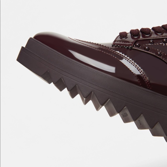 Zara | Shoes | Nwt Zara Burgundy Patent Derby Studded Oxford Flat ...